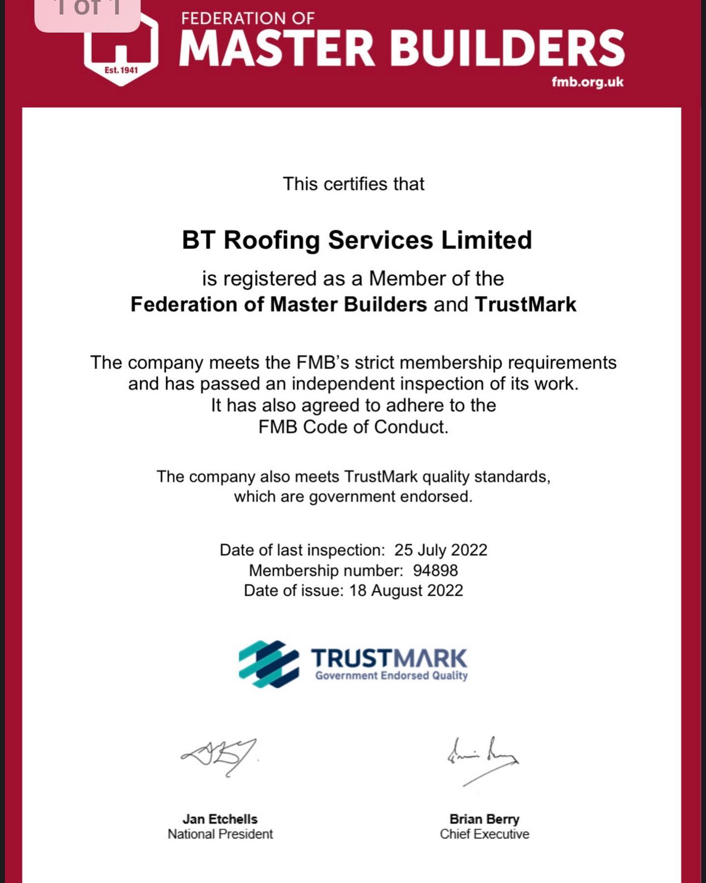 Federation of Master builders - BT Roofing Services Limited